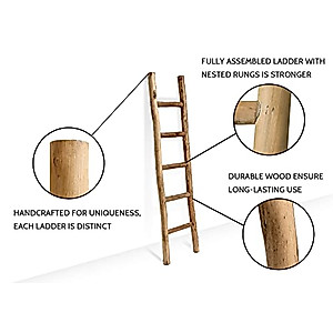 FUIN Fully Assembled 5 Ft Wood Decorative Wall Leaning Blanket Ladders Bathroom Storage Quilt Towel Display Rack Shelf Holder Rustic Farmhouse, Brown
