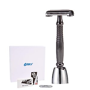 BAILI Butterfly Open TTO Double Edge Safety Razor Long Handle Wet Shaving for Men Women with 5 Platinum Blades and Stand Agate Black BD278L