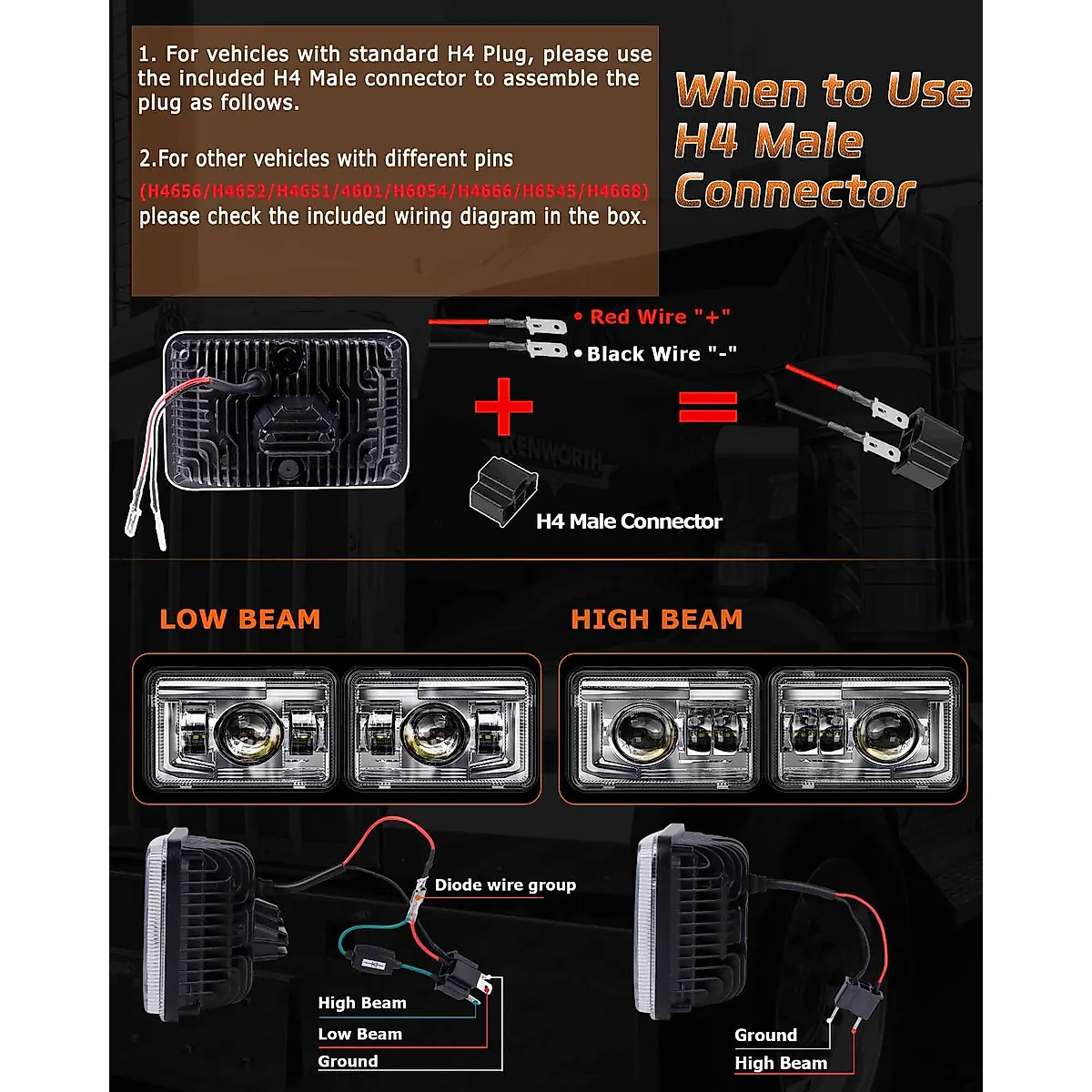 Z-OFFROAD DOT Approved 4x6 LED Headlights Assembly Hi/Lo Sealed Beam Compatible with KW T800 T600 Peterbilt 379 Freightliner Chevy Oldsmobile Cutlass H4651 H4652 H4656 H6545 H4666, 4PCS-Chrome