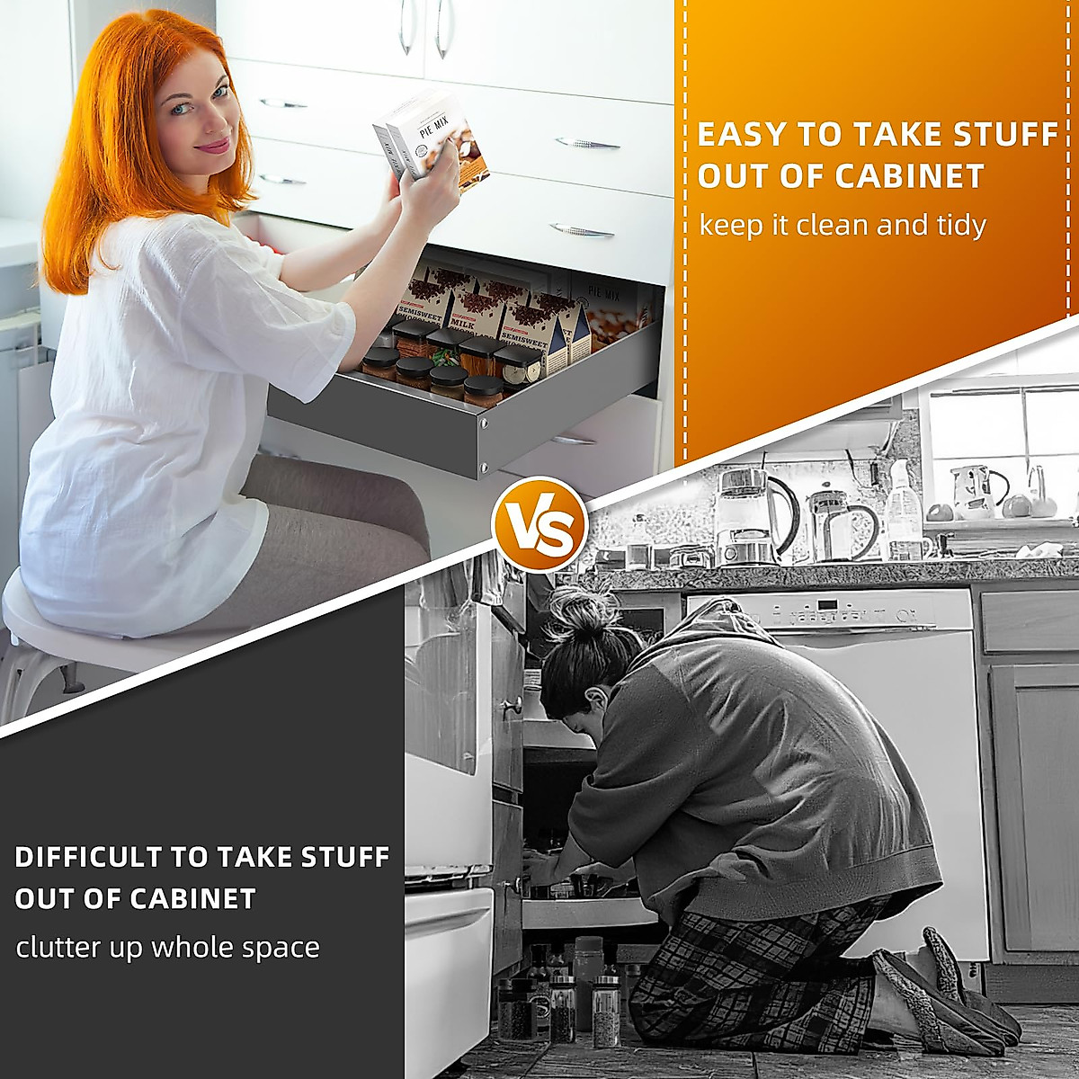 Laloton Pull Out Cabinet Organizer, Cabinet Pull Out Shelves 11.8" W x 16.9" D, Pull Out Drawers for Cabinets, Heavy Slide Drawers Fixed with Adhesive Nano Film Fixed, for Kitchen, Bathroom (Grey)