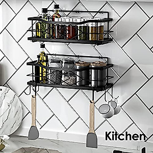 Doimeri 2 Pack with 6 Hooks, Self-Adhesive Shower Caddy Bathroom Shelf, No Drilling Premium Stainless Steel Shower Rack for Inside Shower Storage Organizer （Matte Black）