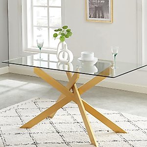 Edwin's Choice 58.5” Rectangle Glass Dining Table, Tempered Glass Table Top and Metal Tubular Legs, Modern Style Table for Home, Kitchen, Dining Room 58.5”Lx29”Wx30”H, Gold (Table Only)