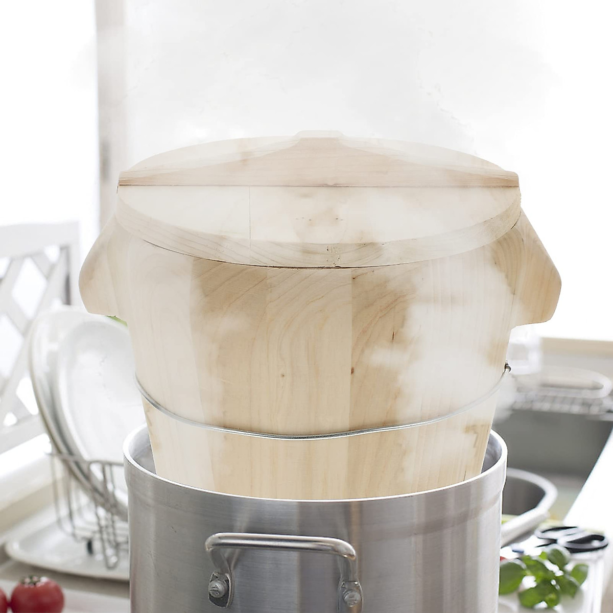 Cabilock Japanese Rice Bamboo Food Steamer Wooden Sushi Rice Bowl Hangiri Sushi Oke Sushi Rice Mixing Tub Bamboo Steamer Basket for Restaurant Home Kitchen Dumpling Steamer Basket Rice Container