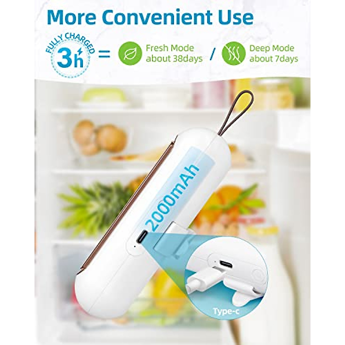 SEANCHEER Fridge Deodorizer, Mini USB-C Rechargeable Reusable Refrigerator Deodorizer, Refrigerator Odor Eliminator with Hook Lanyard for Fridge Wardrobe Shoes Cabinet