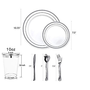 700 Piece Silver Dinnerware Set - 200 Silver Rim Plastic Plates - 300 Silver Plastic Silverware - 100 Silver Plastic Cups - 100 Linen Like Silver Napkins, 100 Guest Disposable Silver Dinnerware Set