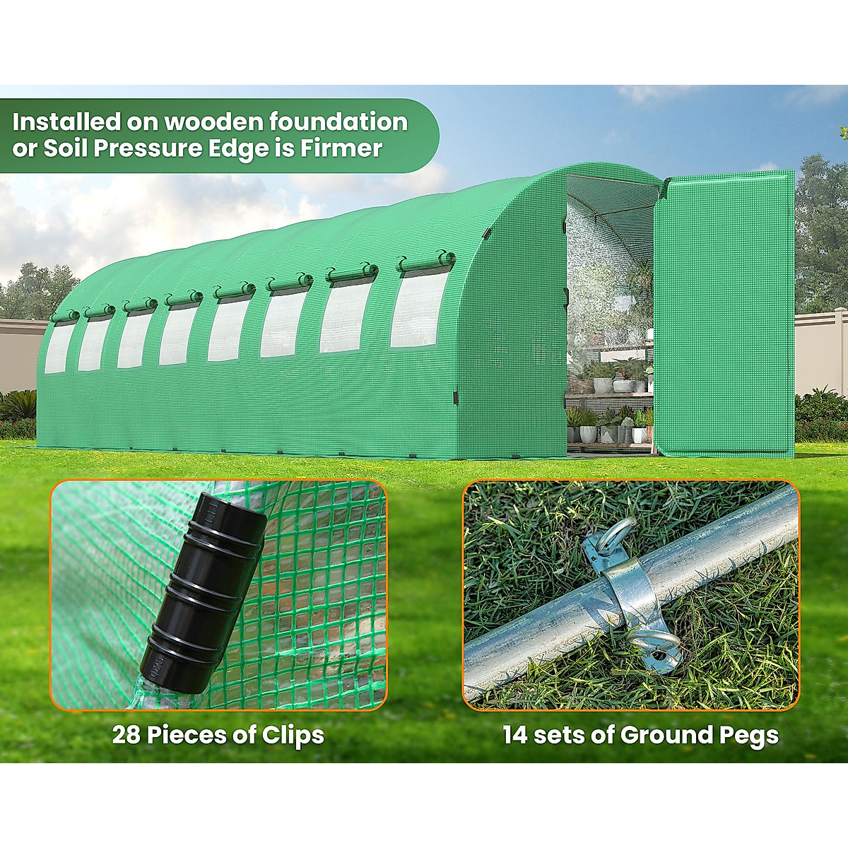 Papababe 26x10x7ft Large Walk-in Greenhouse for Outdoors with Watering System Upgraded Swing Door Tunnel Greenhouse kit, Heavy Duty Galvanized Steel Frame,Ground Pegs & Film Clips,16 Windows, Green