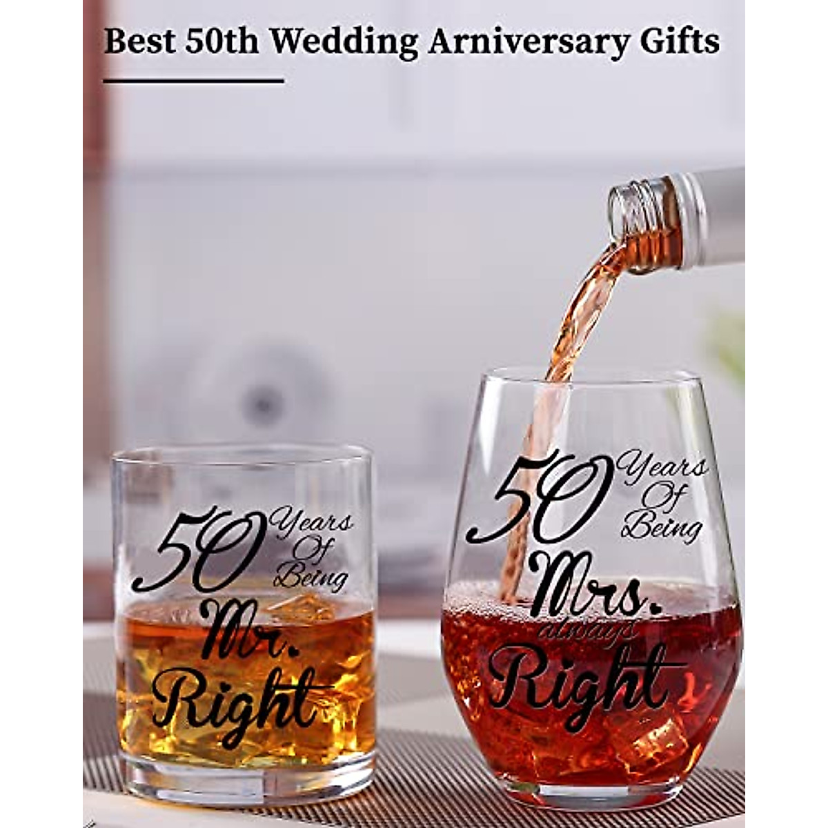 50th Wedding Anniversary - 50th Wedding Gifts for Dad, Mom, Husband, Wife, 50th Wedding Anniversary Decorations, 50th Gifts for Parents-Wine&Whiskey Glass Gift for Mr and Mrs,His and Hers18.5,13.8OZ