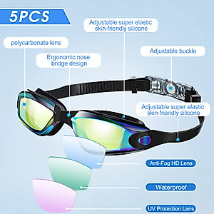 Macarrie 5 Pairs Swimming Goggles Adult Anti Fog Pool Goggles Kids No Leaking Swim Glasses with Ear Plugs Nose Clip(Plain Color)