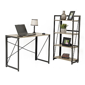 OS Home and Office Furniture Model 42244 No Tool Four Shelf Bookcase with Metal Legs and Sewn Oak Laminate Shelves