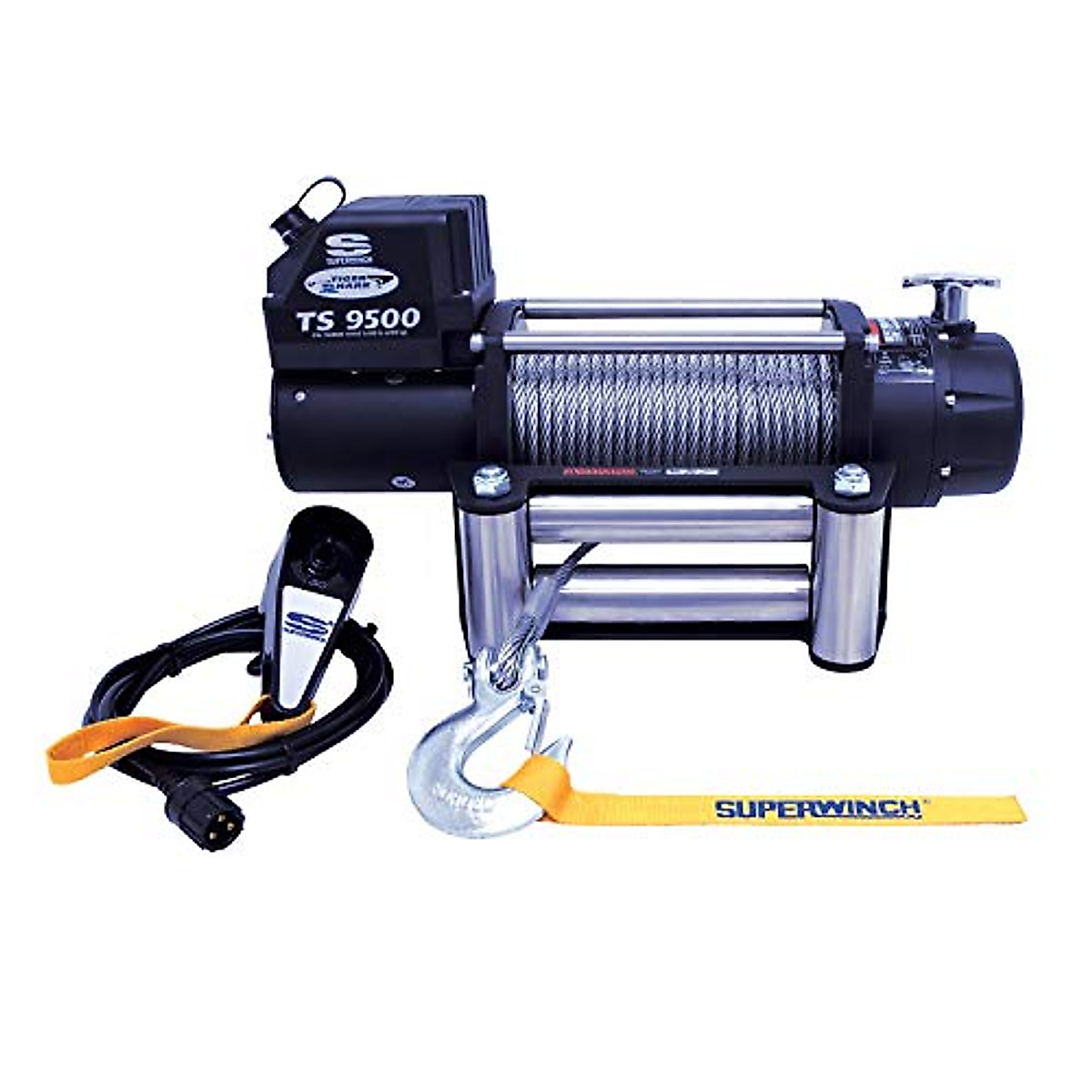 Superwinch 1595200 Tiger Shark 9500 12V DC Winch 9,500lb/4,309kg Single Line Pull with Roller Fairlead, 21/64" x 95' Steel Wire Rope, Corded Handheld Remote