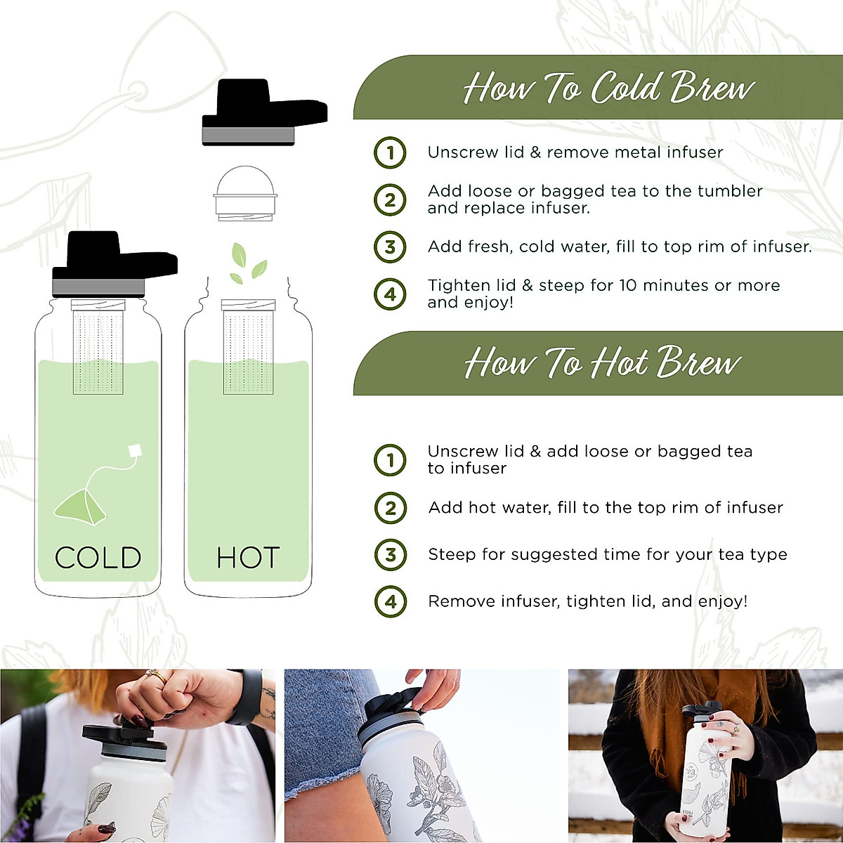 The Tea Spot Himalayan Tea Tumbler - Travel Bottle with Tea Infuser for Loose Leaf Tea or Iced Coffee - 32oz, White-Etched - Double-Walled Insulated Bottle - Keeps Drinks Hot & Cold for Hours
