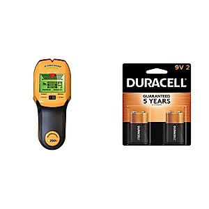 Zircon MultiScanner A250c All-In-One Stud Finder/Metal Detector/Live AC Wire Detection and Scanner + Duracell Coppertop 9V Battery (2 Count Pack)