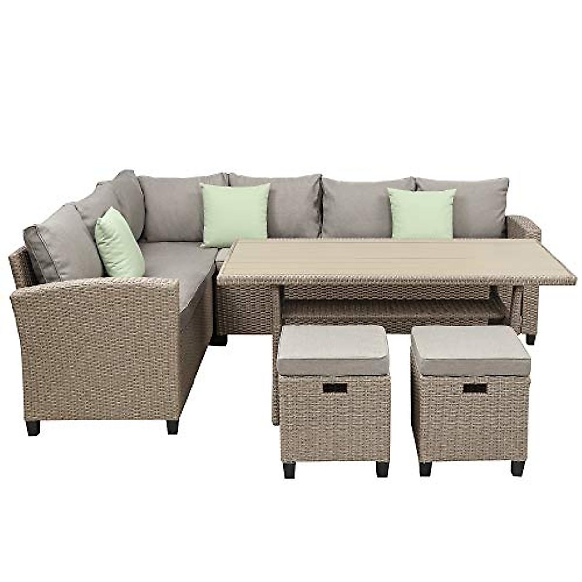 LCH Patio Furniture, 5 Piece Outdoor Conversation Set,All-Weather Wicker Dining Table Chair with Ottoman and Throw Pillows for Lawn, Backyard, Garden, Poolside and Balcony, Beige
