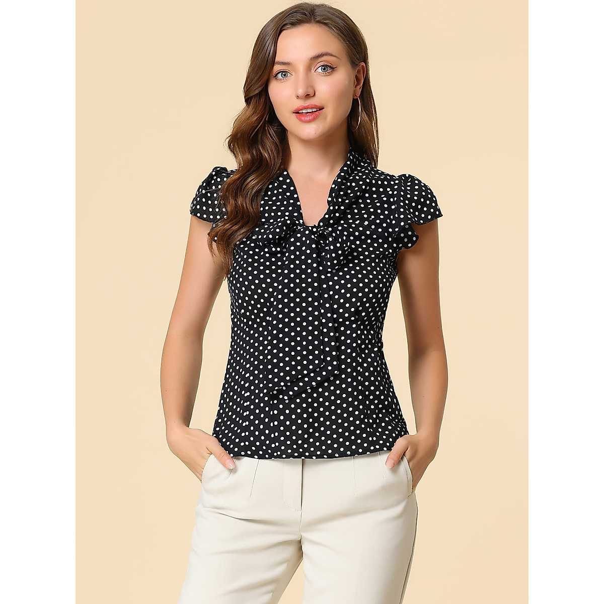 Allegra K Women's Polka Dots Tie Neck Blouse Summer Ruffled Cap Sleeve Office Top Medium Black