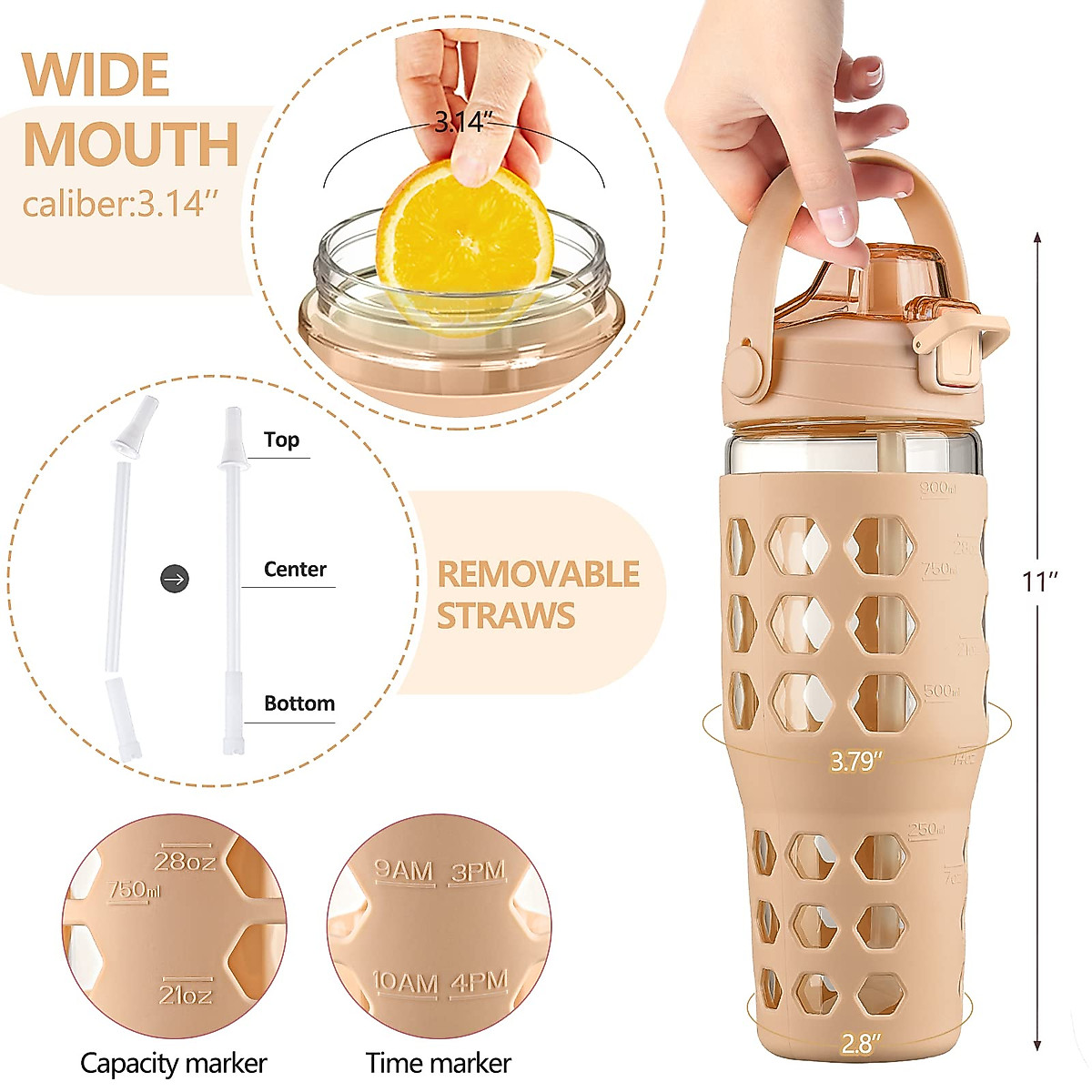 MUKOKO 32oz Glass Tumbler with Straw and Lid,Glass Water Bottles with Time Marker,Iced Coffee Cup,Silicone Sleeve,Leakproof,BPA Free-Amber