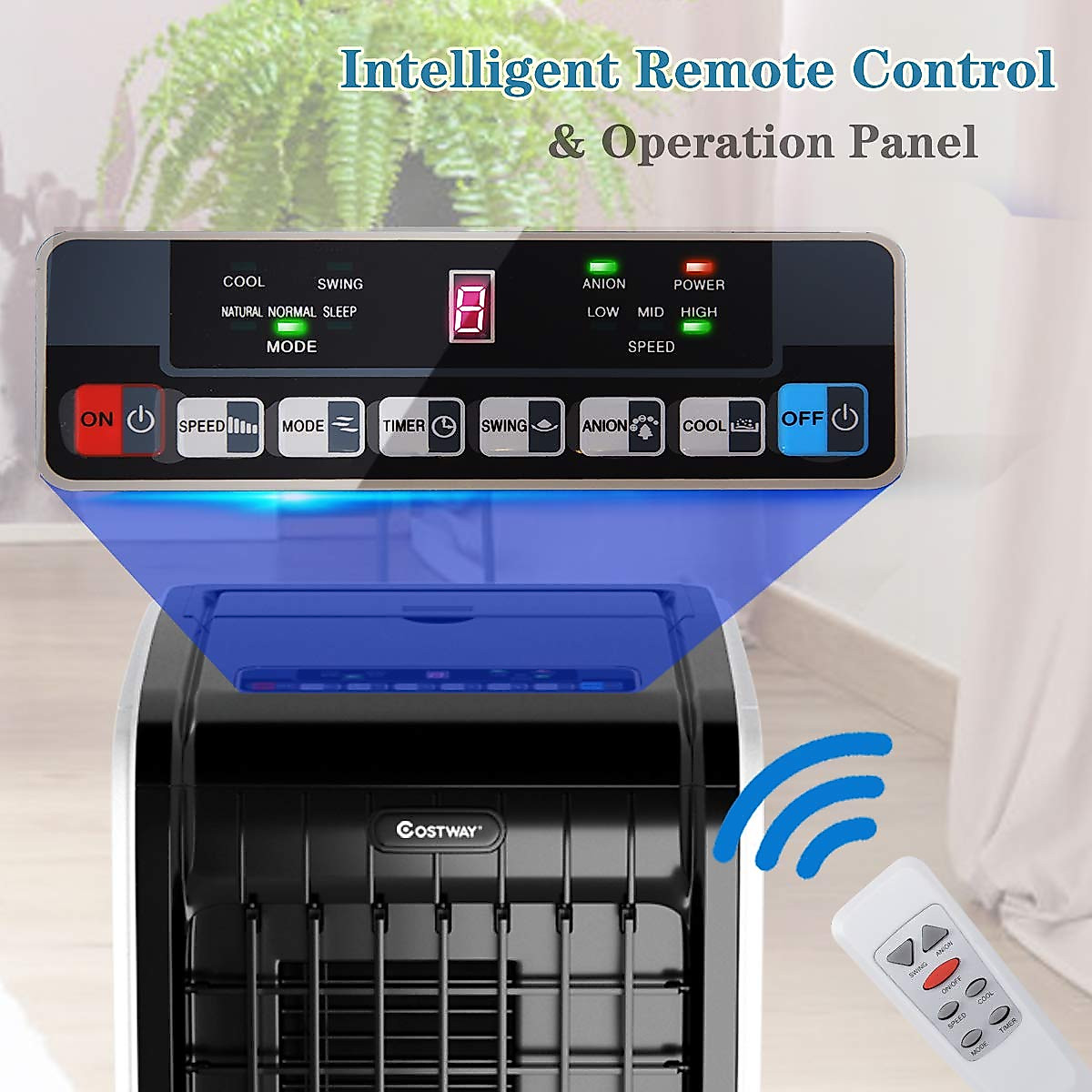 COSTWAY Evaporative Cooler, Include Remote Control, 2 Ice Packs, Portable Bladeless Fan with 3 Modes, 3 Speeds, 8H Timer, LED Display, Air Cooler for Indoor Use, Bedroom (Black)