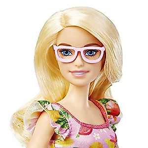 Barbie Fashionistas Doll, with Blonde Hair & Fruit Print Dress, Ruffled Sleeves, Orange Platform Heels, Pink Eyeglasses, Toy for Kids 3 to 8 Years Old