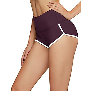 ATHLIO Women's Mid Waist Yoga Shorts, Workout Stretch Gym Shorts, Exercise Running Shorts w Hidden Pocket, Booty Shorts 3pack Black/Blue/Plum, Medium