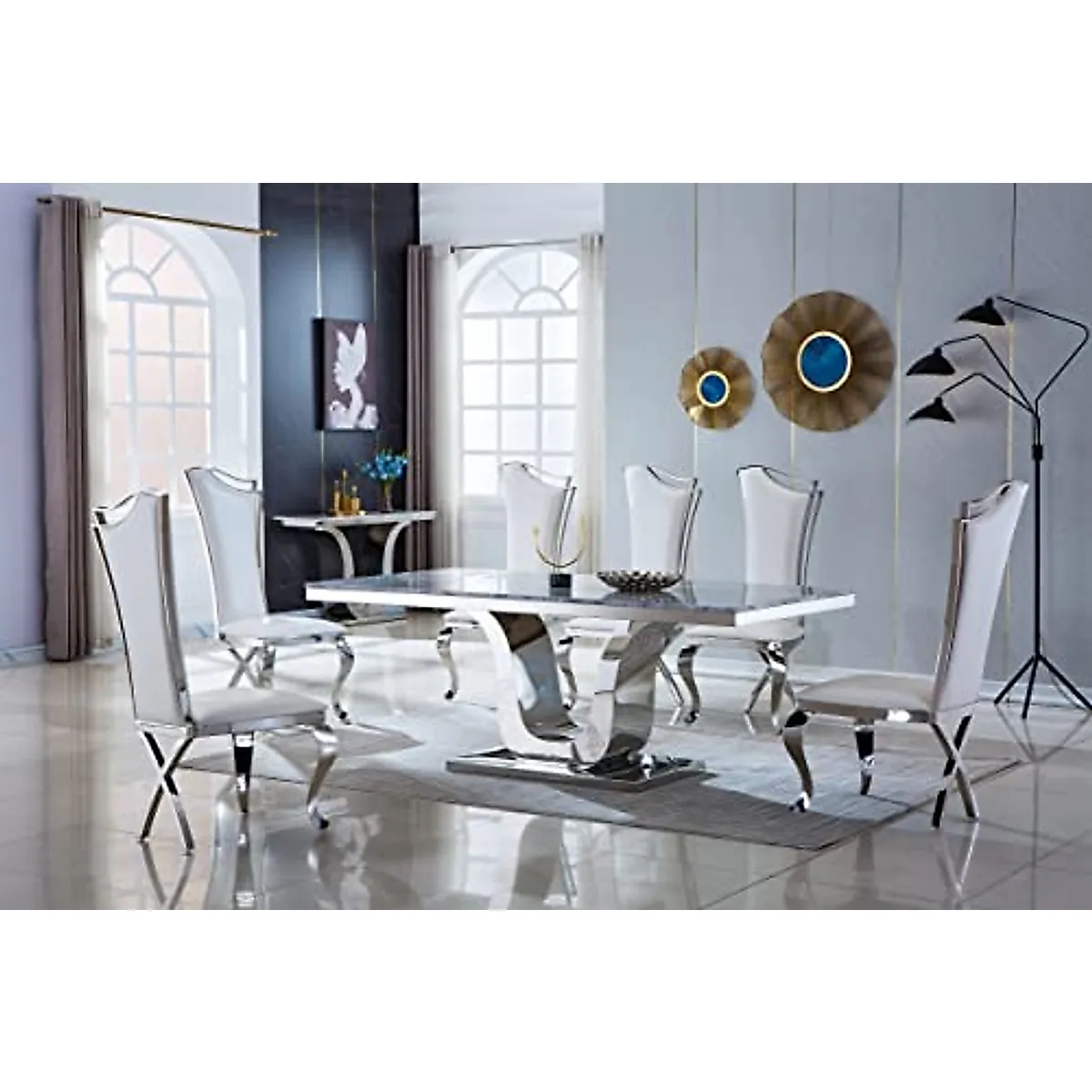 78'' Marble Dining Room Table for 6 or 8, Dining Table with Silver Stainless Steel "U" Shaped Pedestal, Rectangular Kitchen Table with 0.71'' Thick Gray Marble Tabletop, Mirror Finish Base(No Chairs)