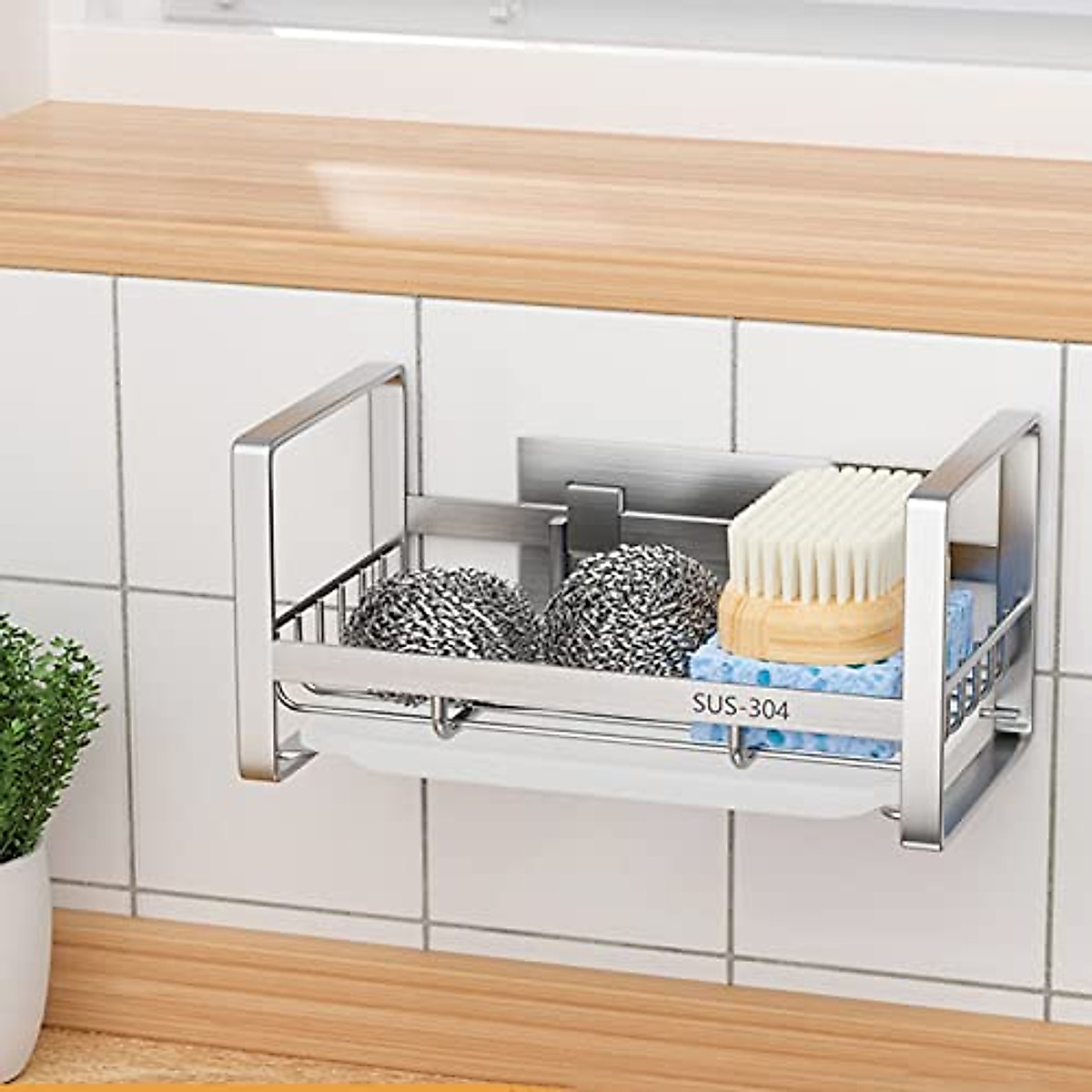 JiangWaveT Sponge Holder,SUS304 Stainless Steel Rust Proof Soap Holder for Kitchen Sink,Kitchen Sink Organizer, Sink Caddy, Sink Tray Drainer Rack with Removable Tray,Silver