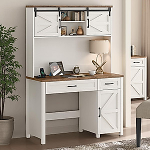 Farmhouse 47" Executive Desk, Computer Desk with Drawers and Storage Cabinet, Workstation Computer Desk with Hutch for Home Office