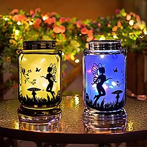 2 Pack Solar Fairy Lantern Mason Jar Light, Red&Purple Rose Flower with Fairy Stickers Mother's Day Gifts Solar Hanging Lantern Stake Lights Garden Wedding Party Decoration(Warm White&Multi Color)