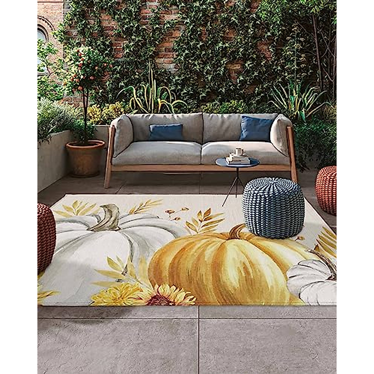 Fall Thanksgiving Outdoor Rug for Patio/Deck/Porch, Non-Slip Area Rug 6x9 Ft, Grey Orange Pumpkin Sunflower Botanical Rustic Indoor Outdoor Rugs Washable Area Rugs, Reversible Camping Rug Carpet