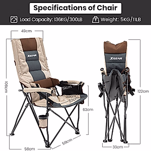XGEAR Adjustable Oversized Camping Chair High Back Camp Chair Hard Arm Chair with Cup Holder, Support to 400lbs-Beige (Beige-O)
