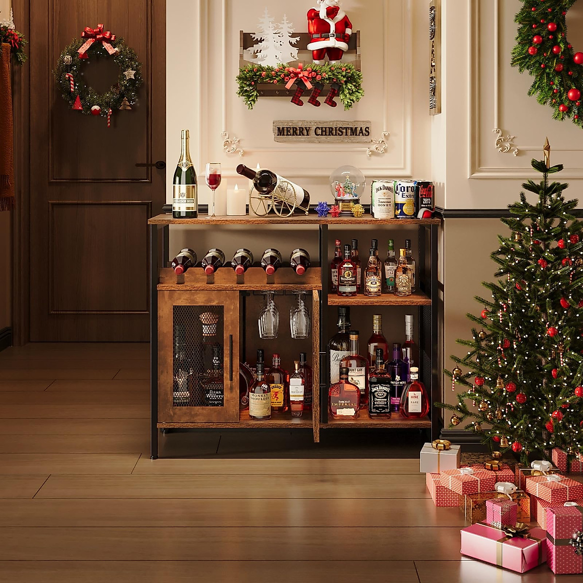 X-cosrack Wine Bar Rack Cabinet with Detachable Wine Rack, Coffee Bar Cabinet with Glass Holder, Small Sideboard and Buffet Cabinet with Mesh Door, Rustic Brown, Large