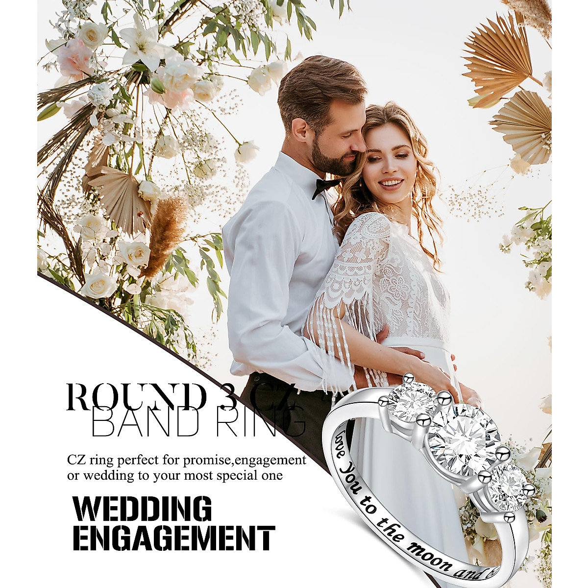 Ladytree Wedding Promise Engagement Rings for Women Her Girlfriend 3 Round Cubic Zirconia CZ Stones S925 Sterling Silver Size 8 Engraved I love you to the moon and back