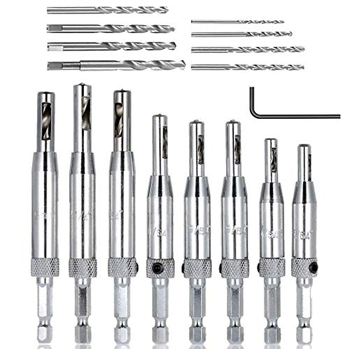 Bestgle 16 in-1 Center Drill Bit Set, 8pcs 1/4" Hex Shank Self Centering Hinge Hole Drilling Tool Kit for Woodworking Window Door Hinge with 1 Hex Key & 8 Replacement Drill Bits & Plastic Storage Case