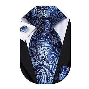 Hi-Tie Silk Paisley Ties for Men Necktie Pocket Square Cufflinks Set Foral Tie Sets Formal Business,Blue