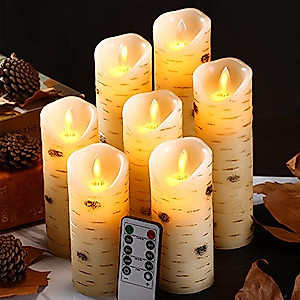 kedtui Flameless Candles Battery Operated Candles with Birch Bark Effect Set of 7 Ivory Real Wax Pillar Dancing LED Flames Candles with 10-Key Remote Control and Cycling 24 Hours Timer…