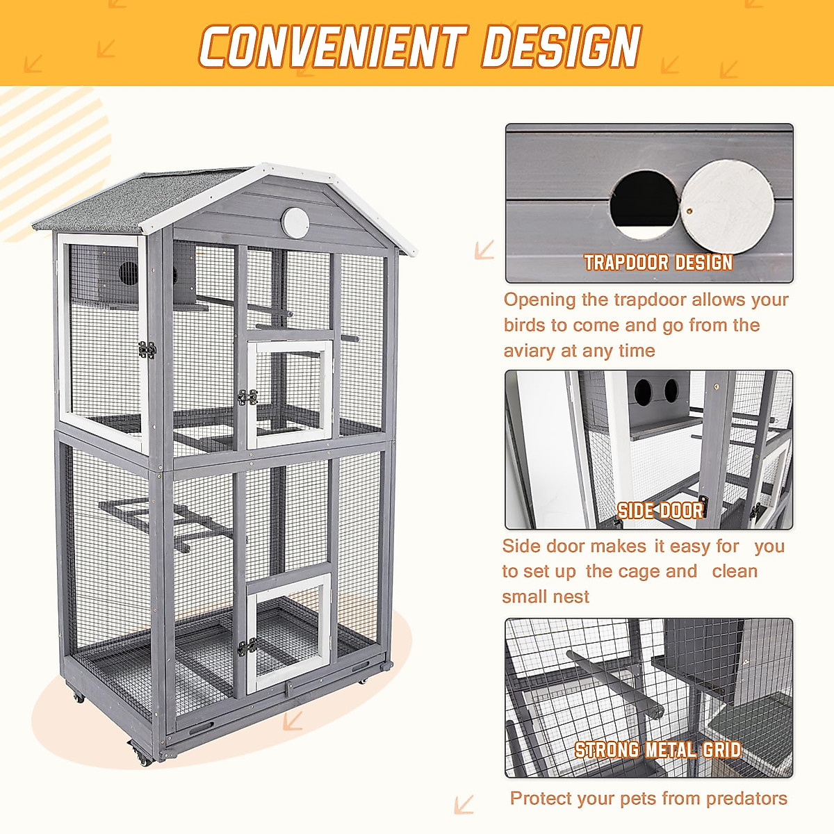 Ketive 65in Outdoor Bird Aviary with Wheels,Wooden Bird Cage Indoor Finches Cage Flight cage Wire Mesh,Easy Clean Tray Perches Nest Feeder