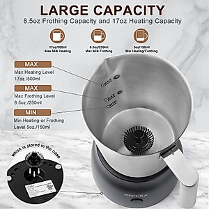 Secura Detachable Milk Frother, 17oz Electric Milk Steamer Stainless Steel, Automatic Hot/Cold Foam and Hot Chocolate Maker with 2 in 1 Function Whisks (Upgraded)