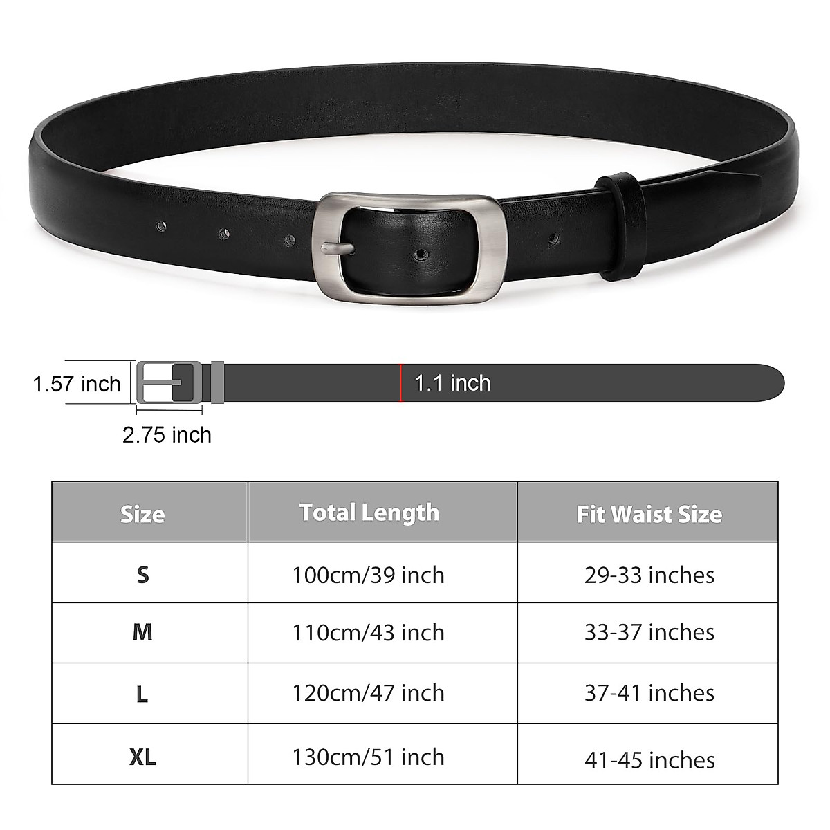 XZQTIVE Women Leather Belts for Jeans Pants, Black/Brown Waist Dress Belts with Gold/Silver Buckles, Fit Sizes S to XL, Black Belt with Silver Buckle, Fit Waist Size 33-37 inches