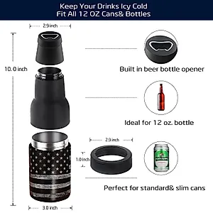 Stepstall Can Cooler Beer Bottle Holder with Beer Opener, 4-in-1 Design Slim Can Beer Bottle Insulators, Double Walled Stainless Steel Insulated, 12 OZ Beer Gifts for Men Father(Black American Flag)