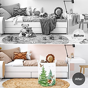 Clastyle 45L Large Green Pine Tree Deer Owl Kid Laundry Hamper with Handle Collapsible Forest Hedgehog Raccoon Clothes Toy Storage Basket with Lid for Nursery