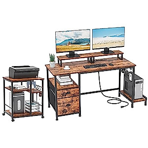 Furologee Computer Desk and Printer Stand, Desk with Power Outlets, 47" Office Desk with 2 Monitor Stands and Fabric File Cabinet, 3 Tier Printer Table with Wheels and 2 Hooks, for Home Office