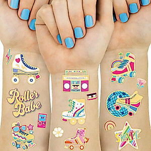 80’s Theme Roller Skate Glitter Skating Temporary Tattoos Birthday Party Supplies Decorations Favors Decor Cute 90s Tattoo Stickers Tattoo Gifts for Kids Girl Boy School Prizes Rewards Carnival 46 PCS