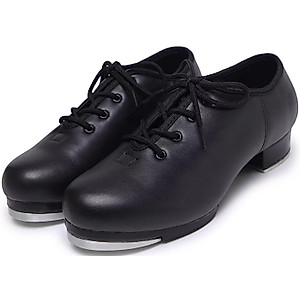 Jazz Tap Shoes for Woman: Leather Lace Up Tap Dance Shoes for Girls and Adult - Flat Heel Split Sole Tap Jazz Shoes for Boys and Man Black