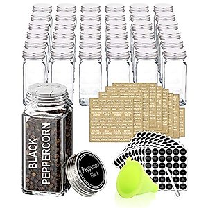 SWOMMOLY 36 Glass Spice Jars with 703 Spice Labels, Empty Square Spice Bottles 4 oz with Pour/Sift Shaker Lid, Airtight Cap, Chalk Marker and Funnel Complete Set