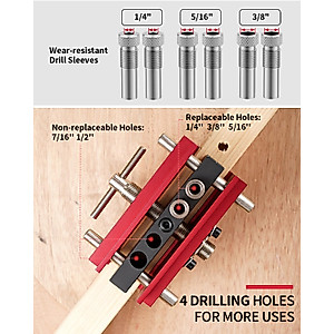 DAYDOOR Self Centering Doweling Jig, Adjustable Width Dowel Jig for Straight Holes, Biscuit Joiner Set with 6 Bushings and 3 Drill Bits(Red)
