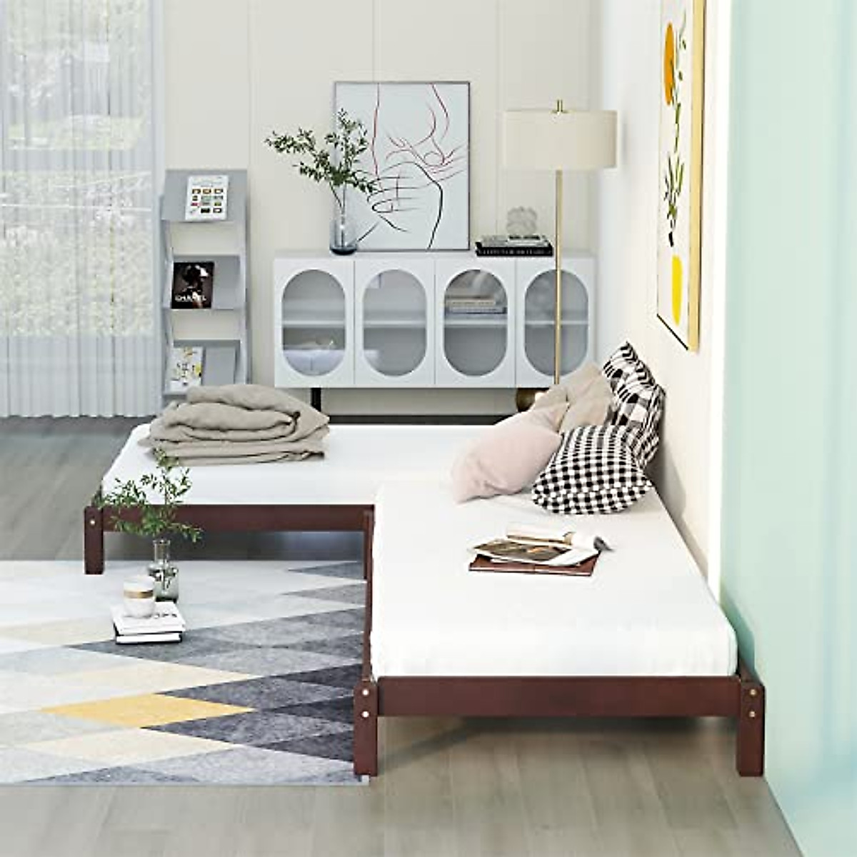 Solid Platform Bed Twin Size Wood Stackable Twin Beds with Wooden Slats Convertible Floorbed Frame Without Headboard for Kids Girls Boys Teens, No Box Spring Needed – Two Beds Set, Walnut