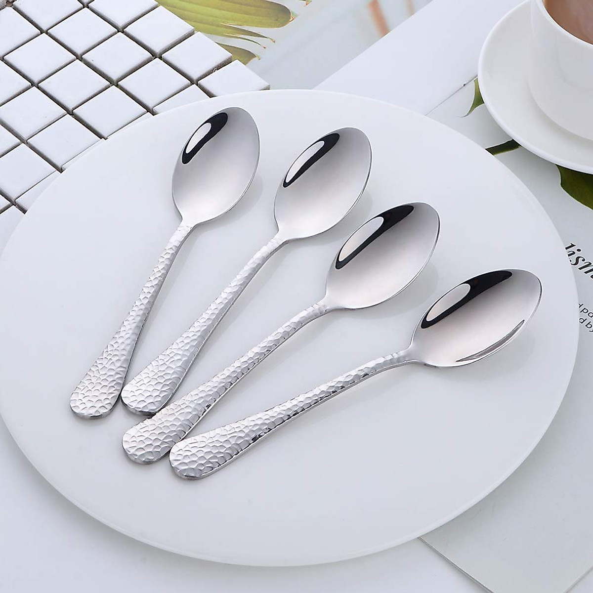 Dessert Spoon Salad Spoon 6.5-Inch Big Teaspoon BUY&USE 12 Pieces Stainless Steel Hammered Surface Silverware Set for Home Hotel Restaurant