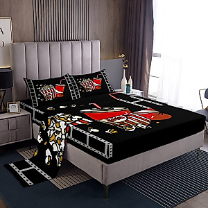 Feelyou Movie Theater Theme Bedding Set Vintage Cinema Ticket Bedding Sheet Filmstrip Printed Home Decorative Bed Sheets for Children Kids Boys Girls Microfiber Bed Sheet Set Room Decor Queen Size