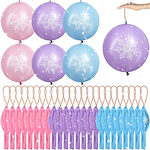 36 Pcs 18 Inch Snowflake Punch Balloons Winter Theme Punching Balloon Kids Party Favors Carnival Prizes Bounce Balloons with Rubber Band Handle for Birthday Party Daily Game School (Blue Pink Purple)