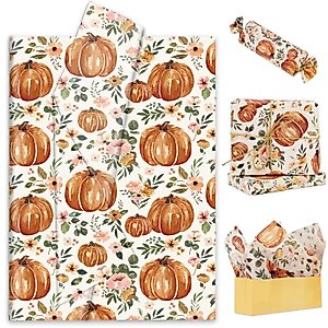 Whaline 100Pcs Fall Pumpkin Tissue Paper Leaves Blush Pink Floral Print Gift Wrapping Paper Vintage Packaging Paper for Autumn Harvest Thanksgiving Baby Shower Birthday Party Decor, 14 x 20 Inch