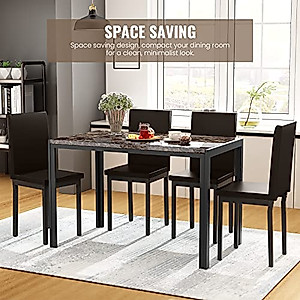 AWQM Dining Table Set for 4, Modern Kitchen Table and Chairs Set, Faux Marble Tabletop and 4 PU Leather Upholstered Chairs Dining Set for Living Room, Kitchen, Dining, Compact Space - Brown