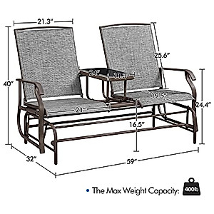 Yaheetech 2-Seat Outdoor Glider with Center Table, Patio Rocking Loveseat with Breathable Mesh Sturdy Metal Frame for Garden Pool Lawn